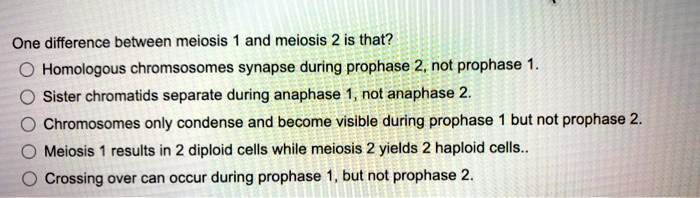 SOLVED: One difference between meiosis and meiosis 2 is that homologous ...