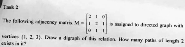 the following adjacency matrix m is assigned to directed graph with vertices i 2 3 draw digraph ...
