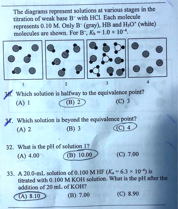 SOLVED: The diagrams represent solutions at various stages in the titration of weak base B- with ...