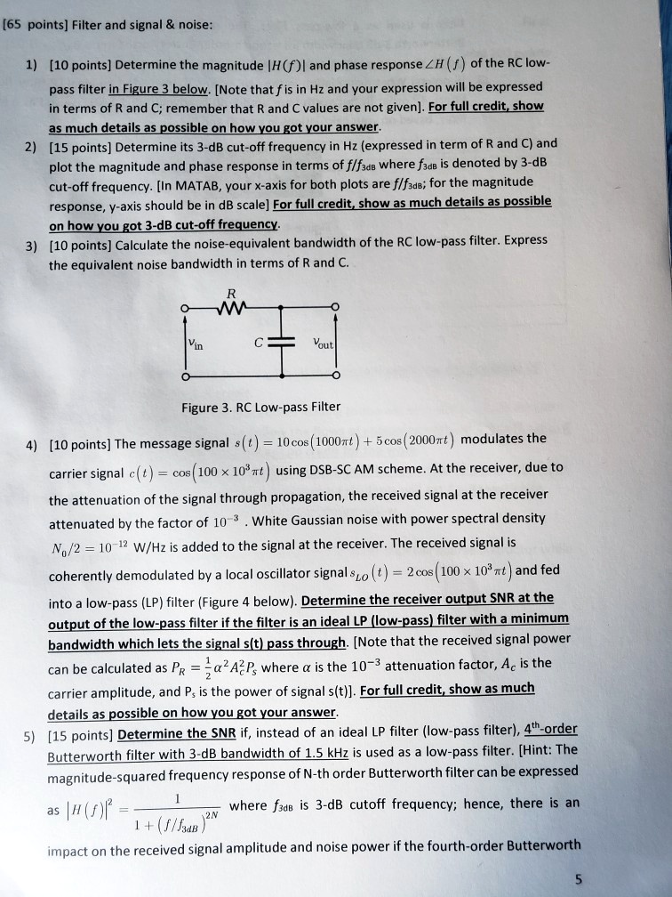 SOLVED: [65 points] Filter and signal noise: 1. [10 points] Determine the magnitude (Hf) and ...