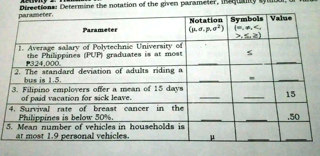 SOLVED: Determine the notation of the given parameter, Inequality Py[ Directions: parameter ...