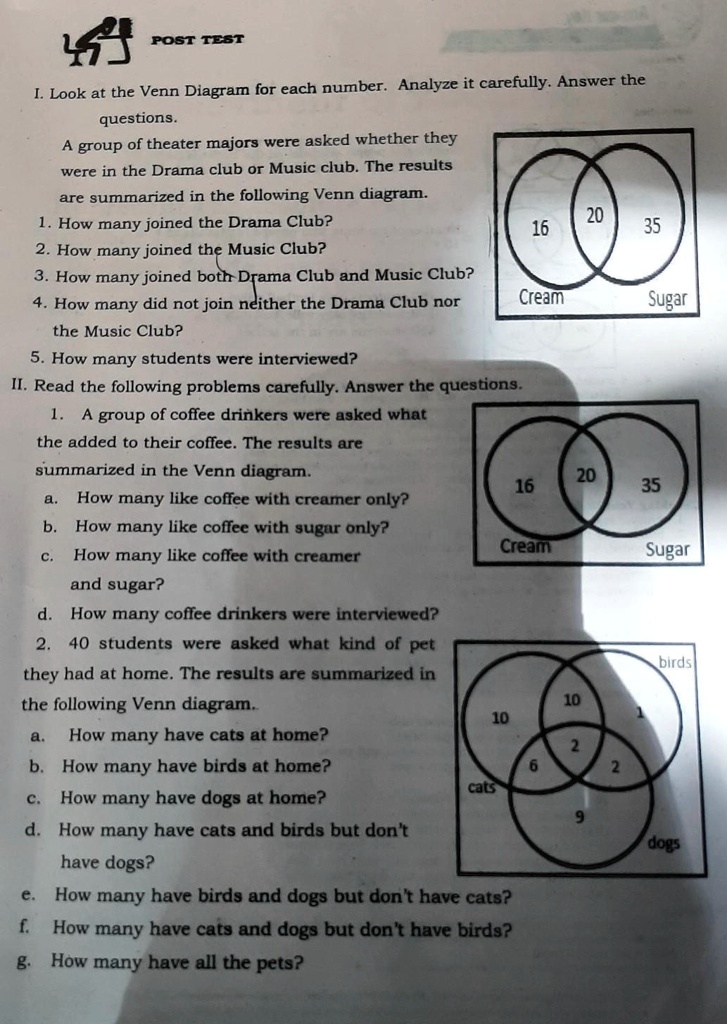 POST TEST I. Look at the Venn Diagram for each number....