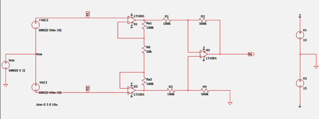 +Vd/2 SINE(0 50m 10) Vcm Vcm SINE(0 5 2) -Vd/2 SINE(0 -50m 10) tran 0 2 ...