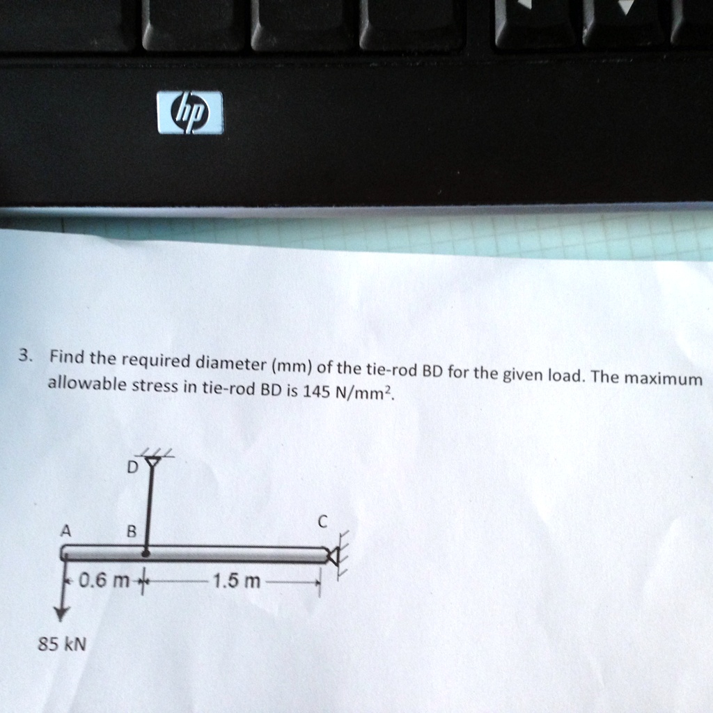 3. Find the required diameter (mm) of the tie-rod BD for the given load ...