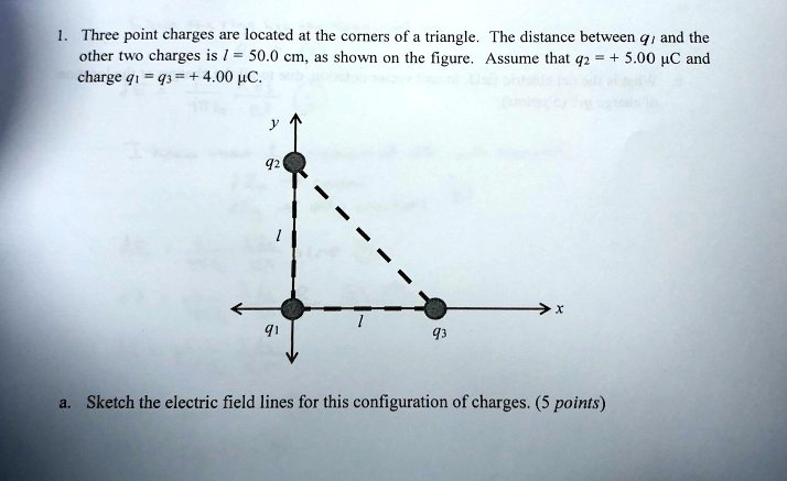SOLVED: Three point charges are located at the corners of triangle. The distance between 4, and ...