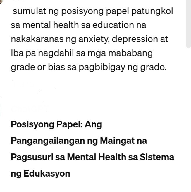 sumulat ng posisyong papel patungkol sa mental health sa education na ... sumulat ng posisyong papel patungkol sa mental health sa education na ...
