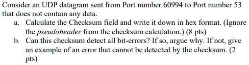 Consider a UDP datagram sent from Port number 60994 to Port number 53 ...