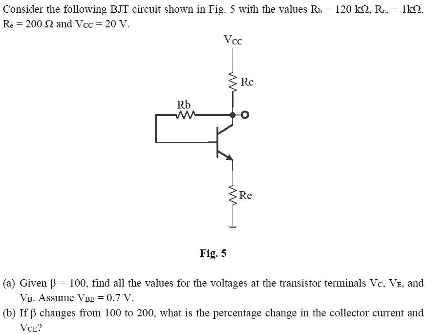 SOLVED: Consider the following BJT circuit shown in Fig. 5 with the values Rb = 120 kÎ©, Rc = 1 ...