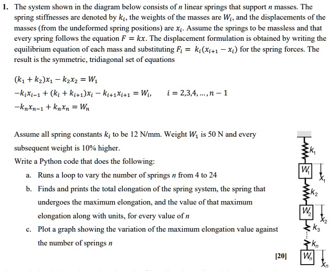SOLVED: The system shown in the diagram below consists of n linear springs that support n masses ...