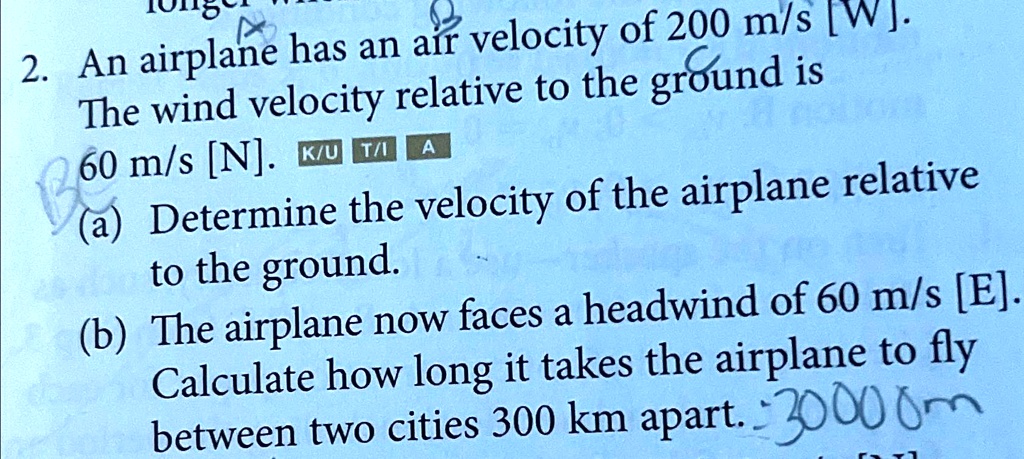 SOLVED: An airplane has an air velocity of 200 (m/s) [W]. The wind ...
