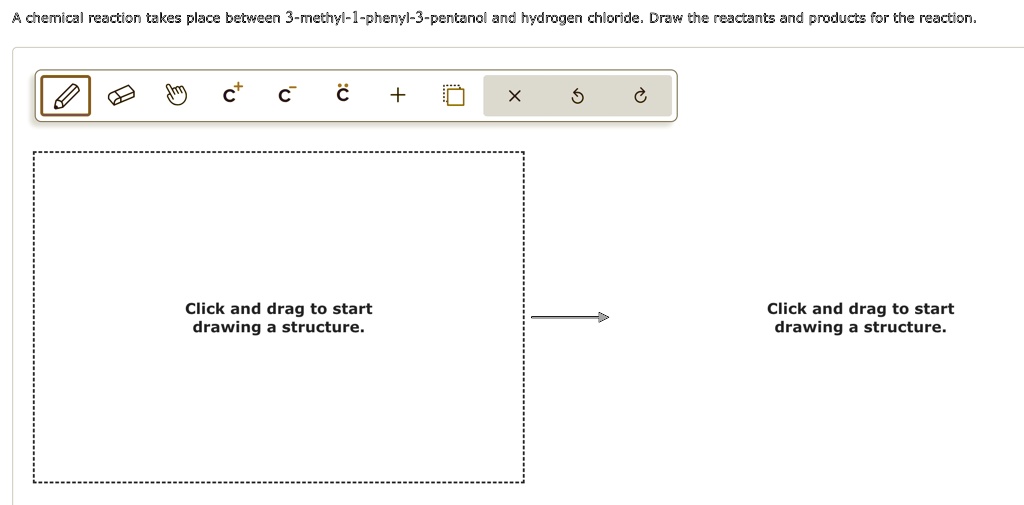 A chemical reaction takes place between 3-methyl-1-phenyl-3-pentanol and hydrogen chloride. Draw ...