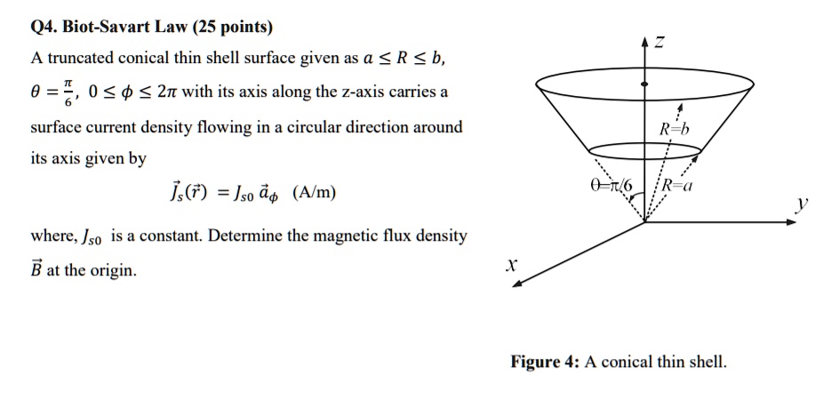 SOLVED: Q4. Biot-Savart Law (25 points) A truncated conical thin shell surface given as a R b ...