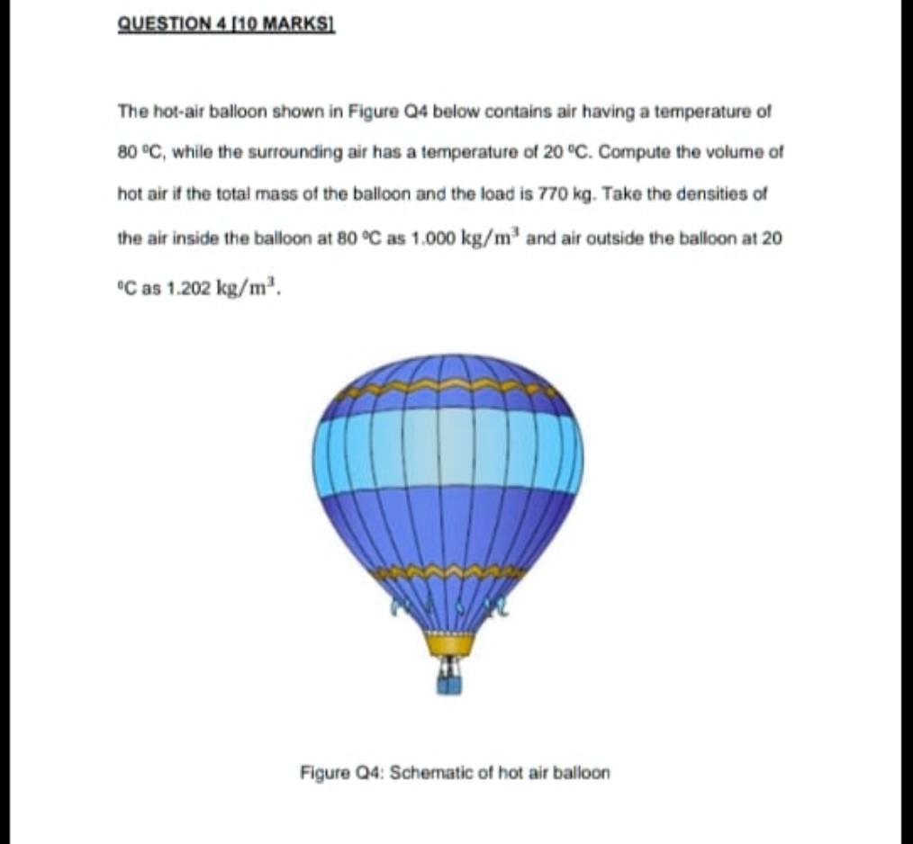 SOLVED: QUESTION4110MARKS1 The hot-air balloon shown in Figure Q4 below ...