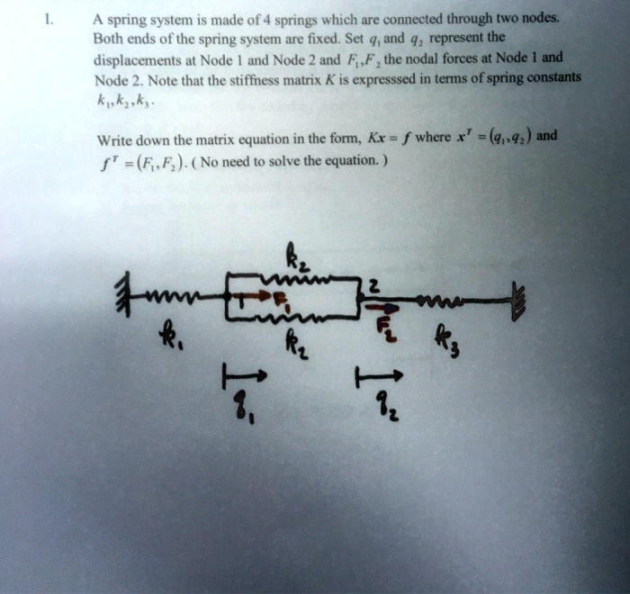 1. A spring system is made of 4 springs which are connected through two nodes. Both ends of the ...