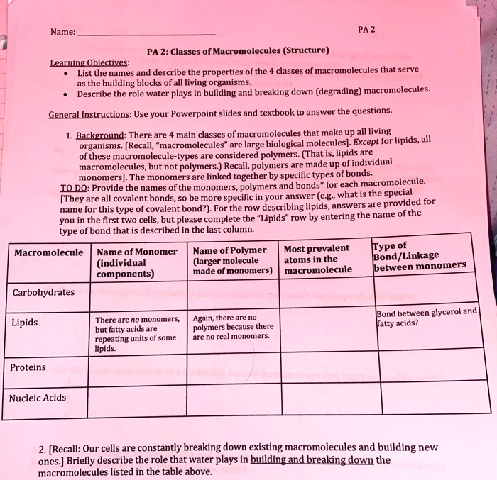 SOLVED: PA 2: Classes of Macromolecules (Structure) Learning Objectives: List the names and ...