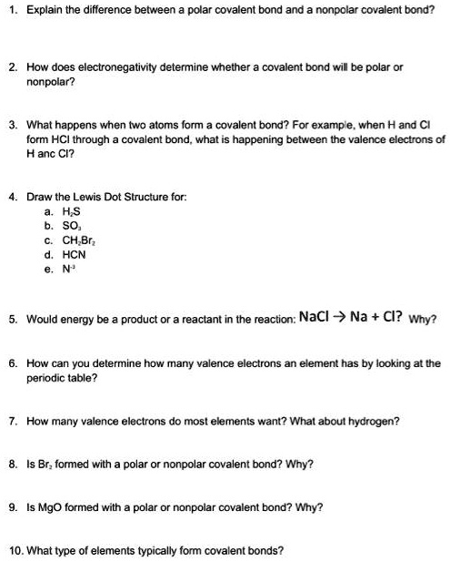 SOLVED:Explain the difference between polar coval ent bond and nonpolar ...