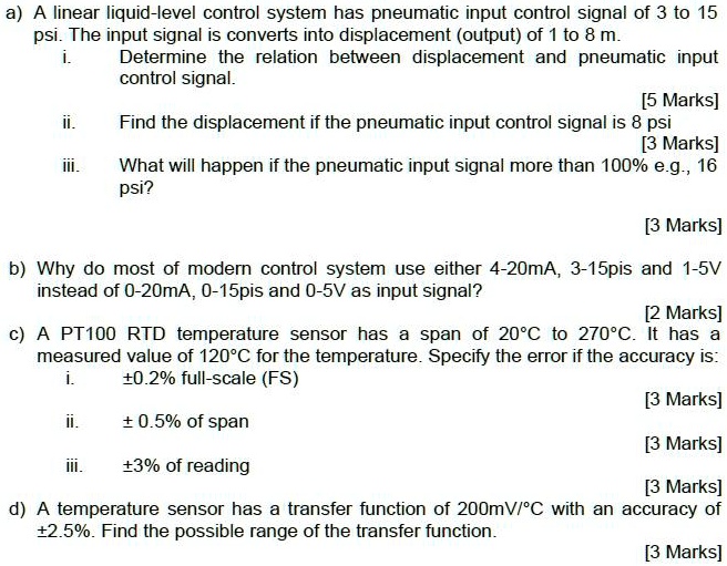 SOLVED: A linear liquid-level control system has a pneumatic input control signal of 3 to 15 psi ...