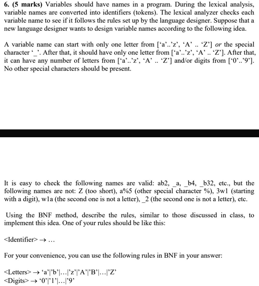 Solved 6 5 Marks Variables Should Have Names In A Program During The Lexical Analysis 7512