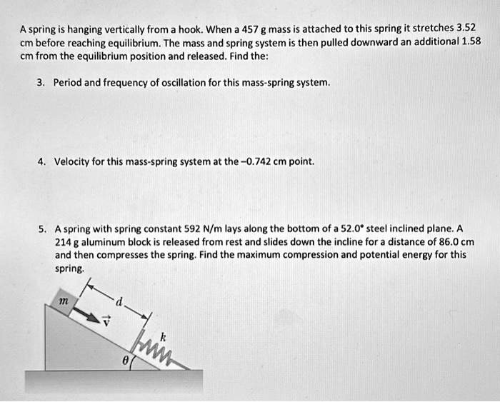 A spring is hanging vertically from a hook. When a 457 g mass is ...