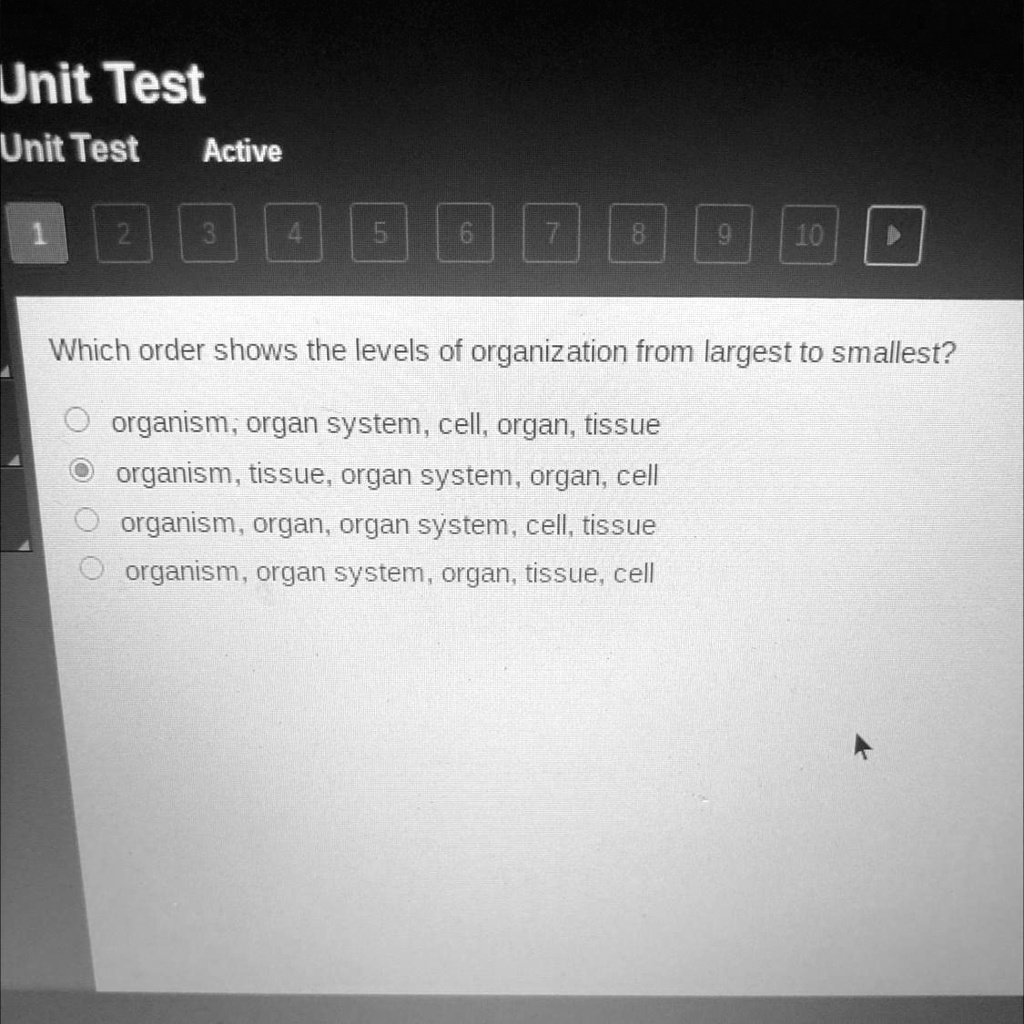 SOLVED: 'Which order shows the levels of organization from largest to smallest? O organism ...