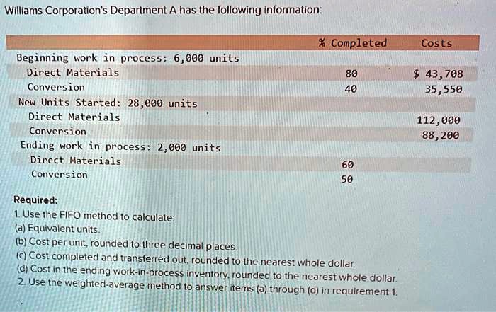 SOLVED: Williams Corporation's Department A has the following information: % Completed Costs ...