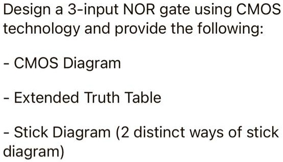 Design a 3-input NOR gate using CMOS technology and provide the ...