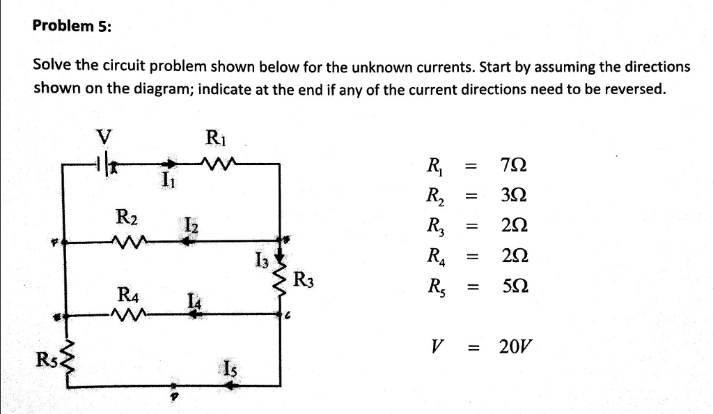 SOLVED: Problem 5: Solve the circuit problem shown below for the unknown currents. Start by ...
