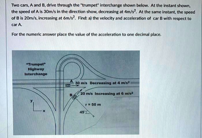 SOLVED: Two cars, A and B, drive through the "trumpet" interchange ...