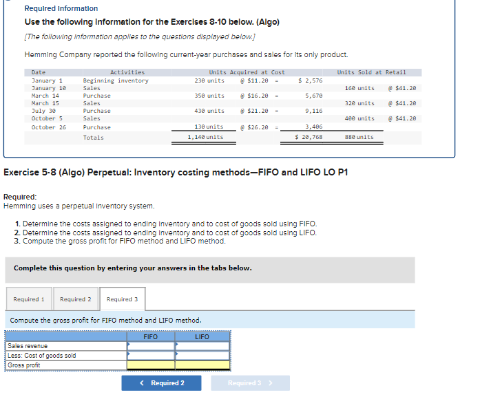 SOLVED: Required information Use the following Information for the Exerclses 8-10 below. (Algo ...