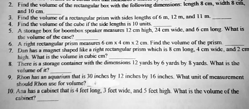 SOLVED: 2 Find the volume of the rectangular box with the following ...
