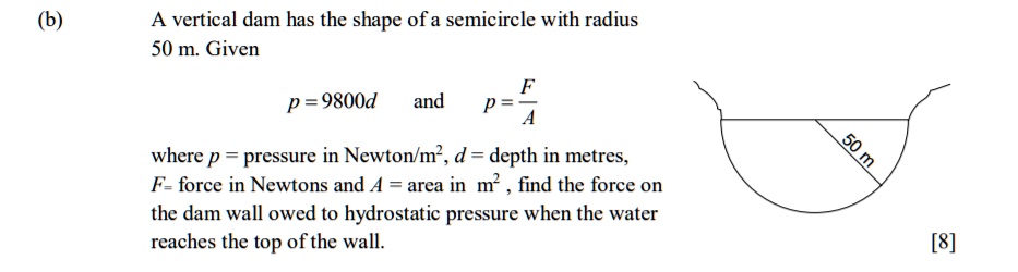 SOLVED: A vertical dam has the shape of a semicircle with radius 50 m ...
