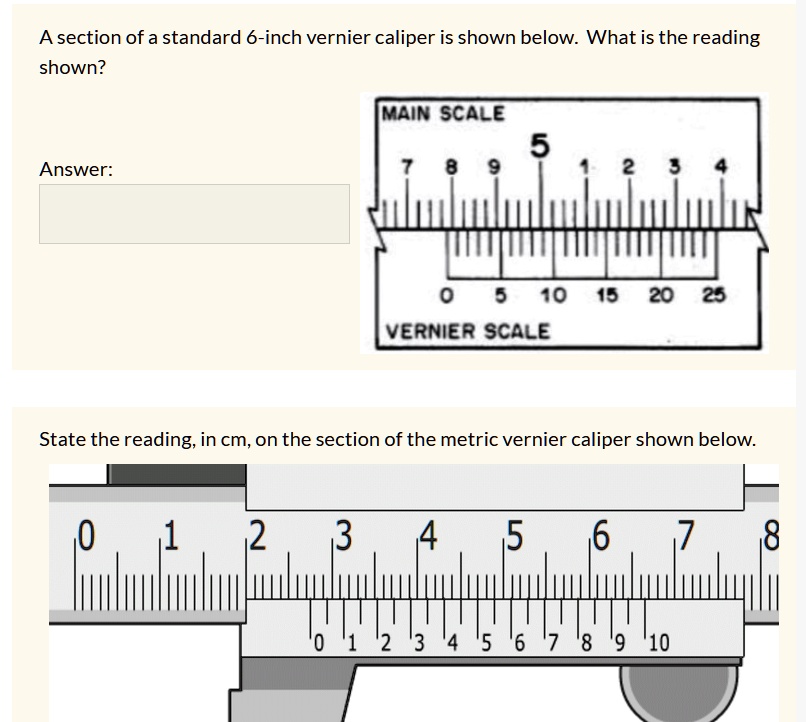 SOLVED: A section of a standard 6-inch vernier caliper is shown below ...
