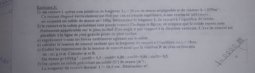 SOLVED: Exercice 3: 1) un ressort à spires non jointives de longueur L0 ...