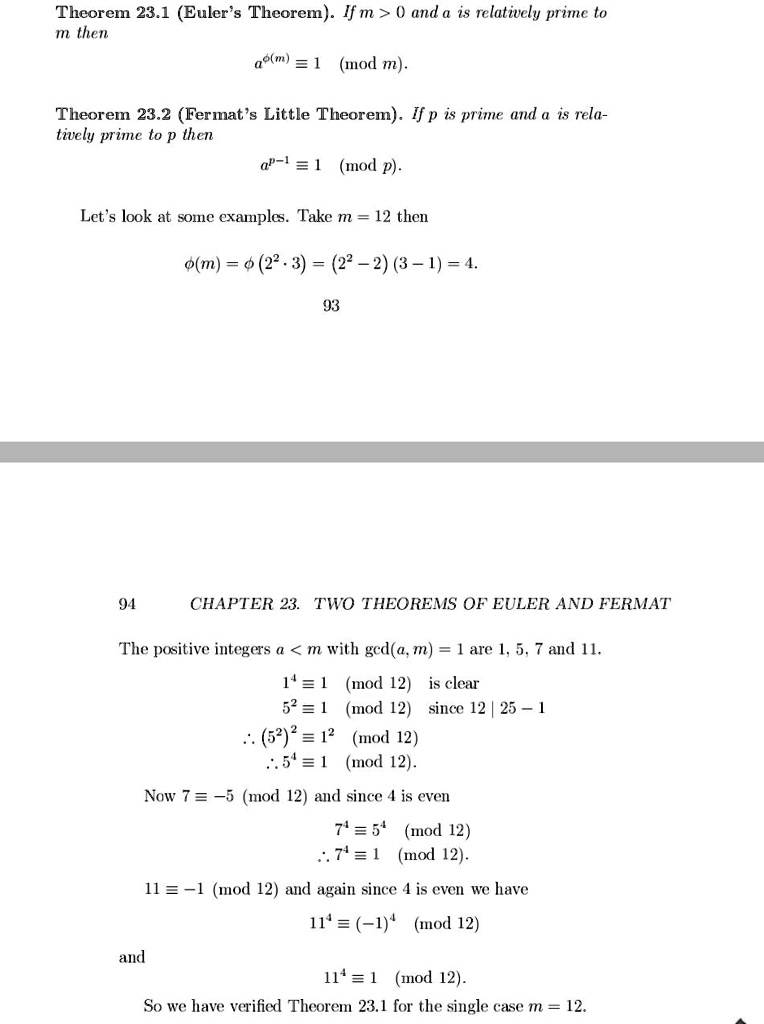 SOLVED: Theorem 23.1 (Euler's Theorem) - If m > 0 and is relatively prime to m then a^m = 1 (mod ...