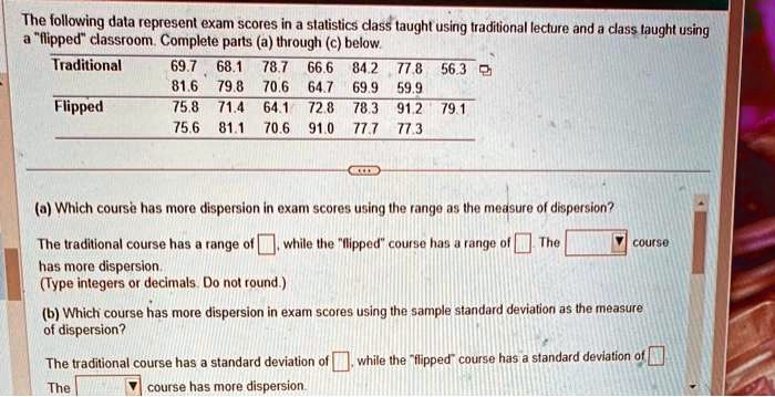 SOLVED: The following data represent exam scores in a statistics class taught using traditional ...