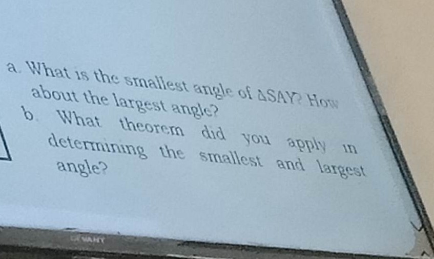 SOLVED: a. What is the smallest angle of S A Y How about the largest ...