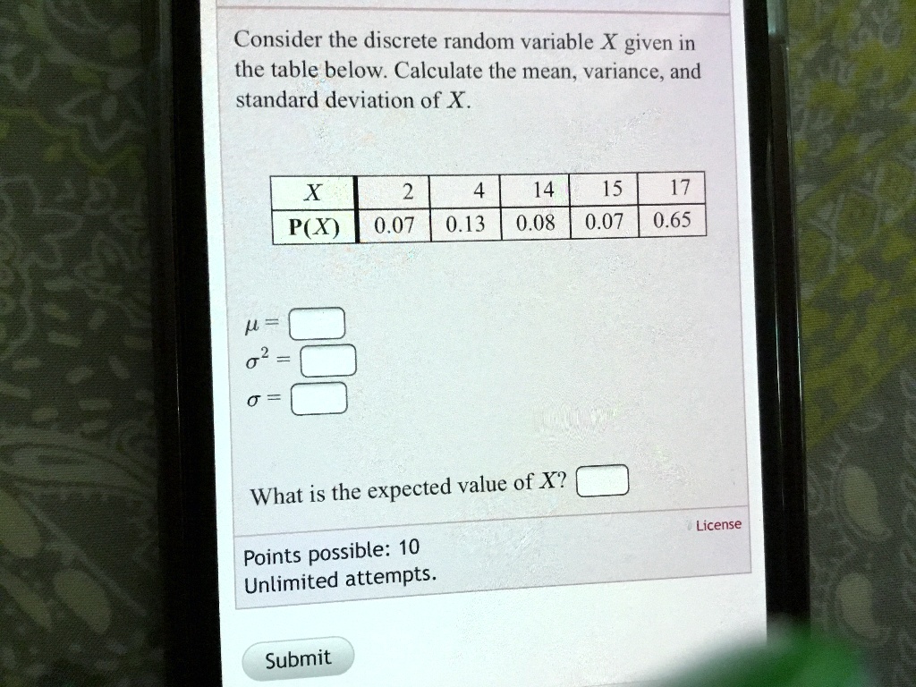 SOLVED: Consider the discrete random variable X given in the table below. Calculate the mean ...