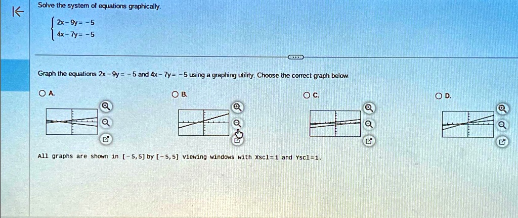 Solve the system of equations graphically. 2x - 9y = -5 4x - 7y = -5 Graph the equations 2x - 9y ...