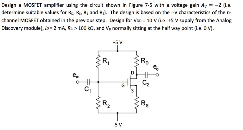 Design a MOSFET amplifier using the circuit shown in Figure 7-5 with a voltage gain Av = -2 (i.e ...