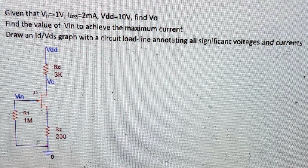 SOLVED: Text: Given that V1 = -2mA, Vdd = -10V, find Vo. Find the value of Vin to achieve the ...