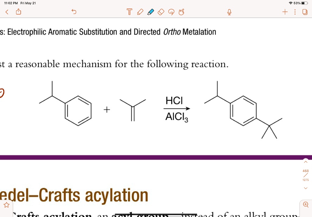 SOLVED: 11:02 PM Fri May 21 53*/ T + 0 S: Electrophilic Aromatic ...