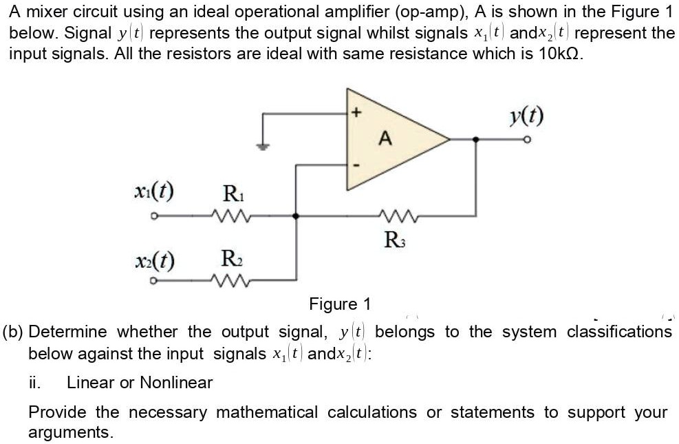 SOLVED: A mixer circuit using an ideal operational amplifier (op-amp), A is shown in the Figure ...
