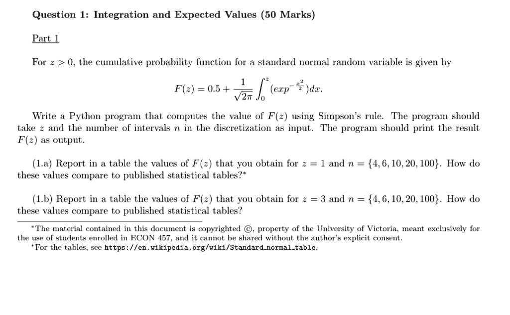 Question 1: Integration and Expected Values (50 Marks) Part 1 For z > 0 ...