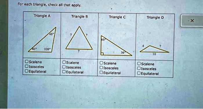 For each triangle, check all that apply. Triangle A 40° Triangle B ...