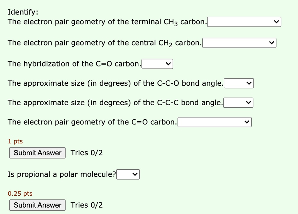 Identify the electron pair geometry of the terminal ch3...