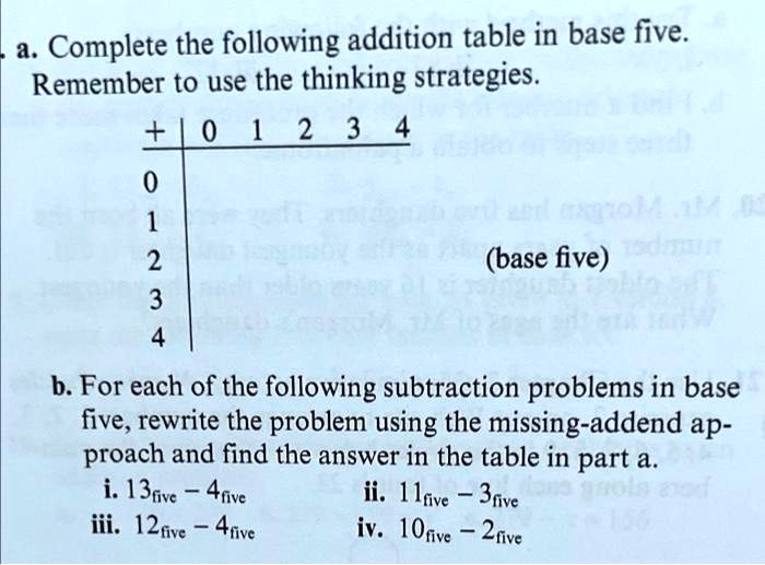 a. Complete the following addition table in base five: Remember to use the thinking strategies ...