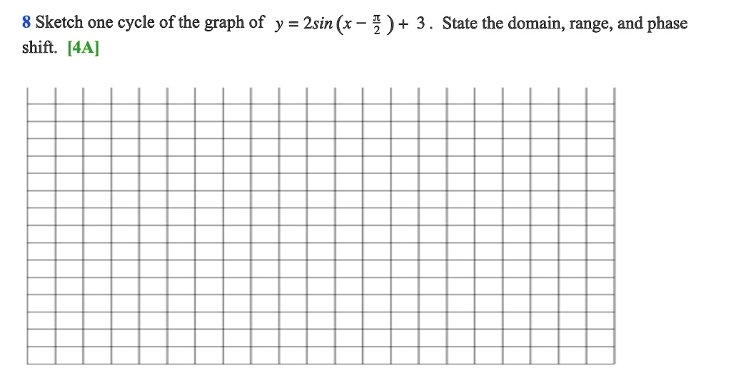 SOLVED: 8 Sketch one cycle of the graph of y = 2sin (x - )+ 3 State the domain, range, and phase ...