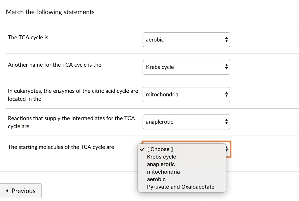 Match the following statements The TCA cycle is Another name for the ...
