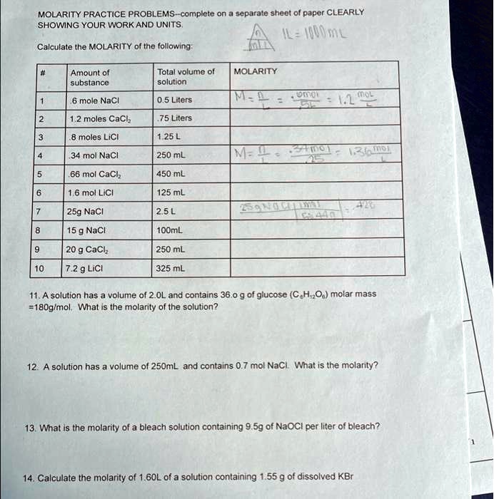 SOLVED: MOLARITY PRACTICE PROBLEMS - complete on a separate sheet of paper CLEARLY SHOWING YOUR ...