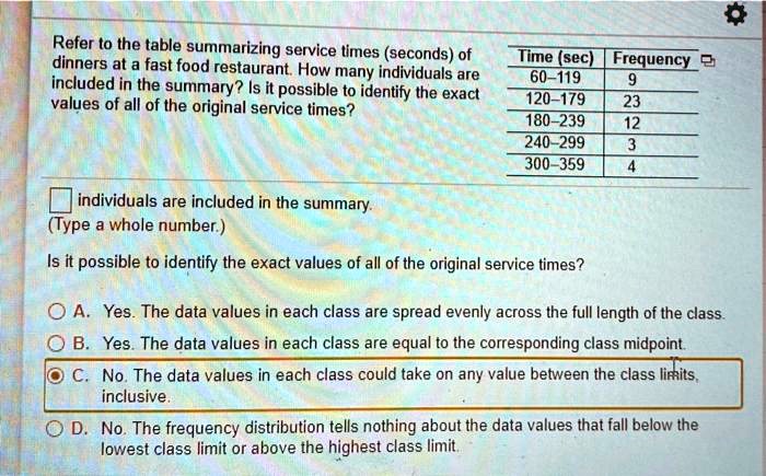 SOLVED: Refer to the table summarizing service times (seconds) of dinners at a fast food ...